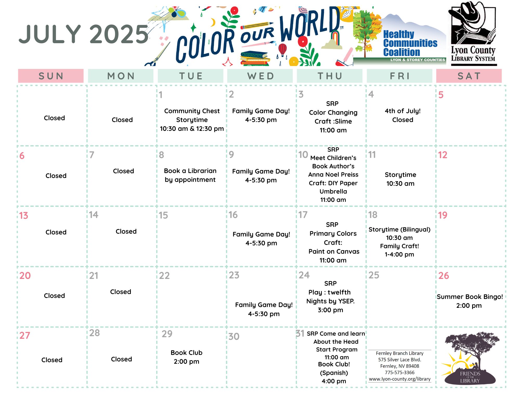 Fernley Library July Calendar of Events